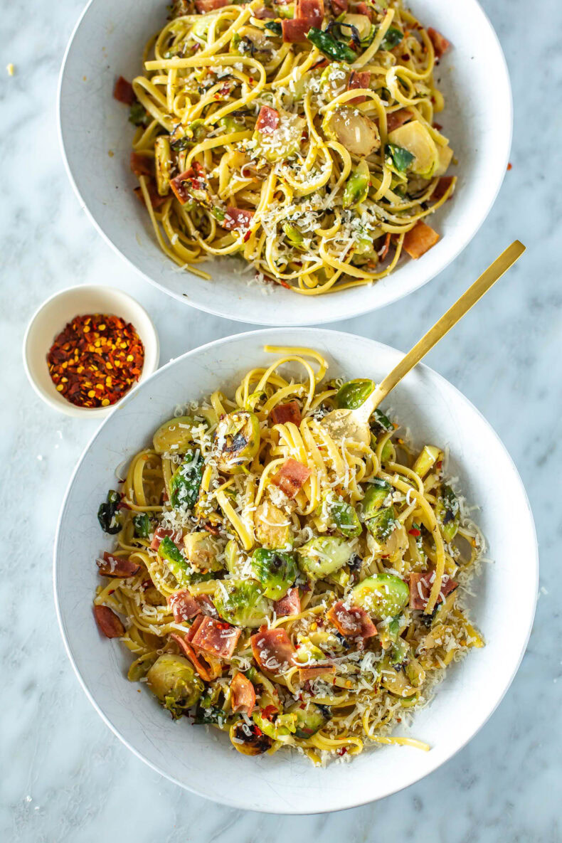 Creamy Brussels Sprouts Pasta {With Bacon!} - The Girl on Bloor